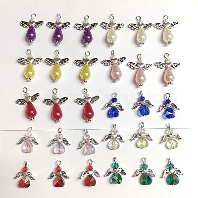 SUNNYCLUE 1 Box 30Pcs Angel Beads Guardian Angel Charms Bulk Beading Fairy Charm Wing Bead Love Heart Faceted Glass Beads Christmas Angel Charms for