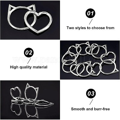 BENECREAT 24Pcs 2 Style Cat Head Heart Shape Metal Craft Linking Ring Buckle Platinum Alloy Choker for Necklaces Jewelry Making Garter Making