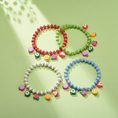 Polymer Clay Plastic Beaded Stretch Bracelet with Fruit Charms for Women Mixed Color Inner Diameter 2 1 8 inch 5.5cm Polymer