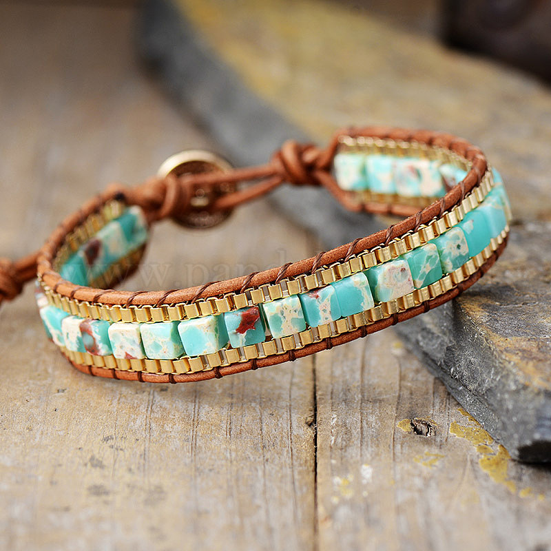 Wholesale Dyed Natural Imperial Jasper & Cowhide Leather Beaded Braided ...