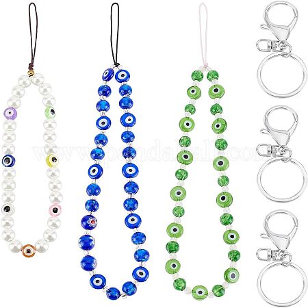 Wholesale OLYCRAFT 3 Pcs Evil Eye Phone Charm Evil Eye Lampwork Beads Phone Charm 3 Styles Beaded Phone Lanyard Wrist Strap with Nylon Thread and Alloy Keychain Clasp for Women Men