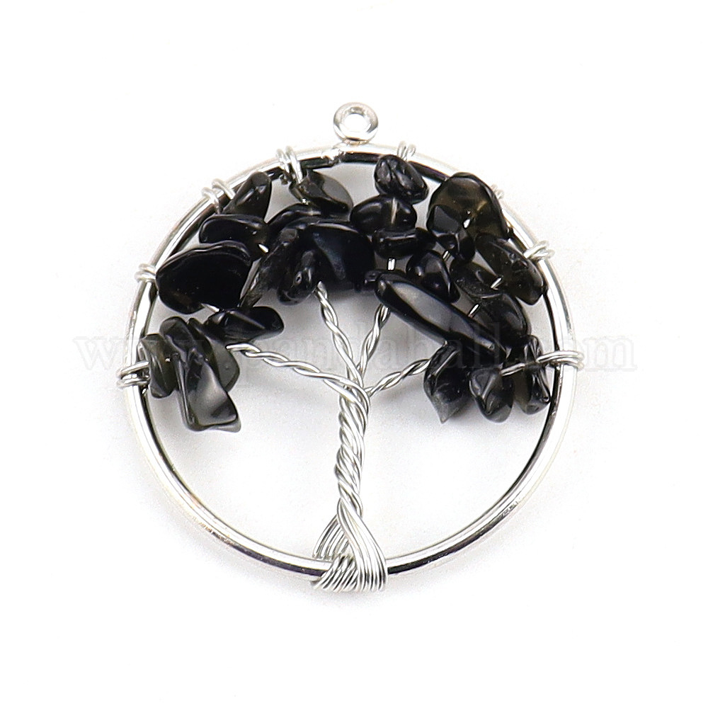 Wholesale Natural Obsidian Tree fo Life Pendants - Pandahall.com