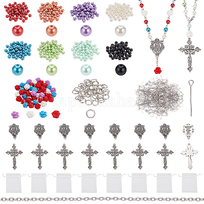 PH PandaHall Rosary Necklace Cross Charms Rosary Making Supplies with Resin Plastic Imitation Pearl Beads Cross Beads Kit for Rosary Easter Eid