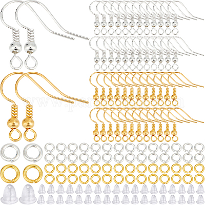 1 Box 200Pcs Fish Hook Earring Wires Silver Earring Hooks Bulk Brass Gold Hypoallergenic French Earring Findings with Ear Nuts and Jump Rings Dangle