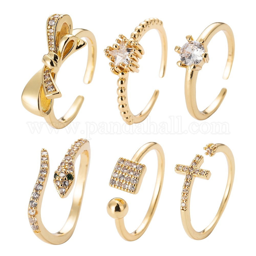 Wholesale 6Pcs 6 Style Adjustable Brass Micro Pave Clear Cubic Zirconia Cuff Rings - Pandahall.com