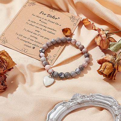OLYCRAFT Natural Stones Bracelets with Silver Heart Charm Sister Bracelets with Card Natural Round Beaded Stretch Bracelet Gemstone Sister Gifts for